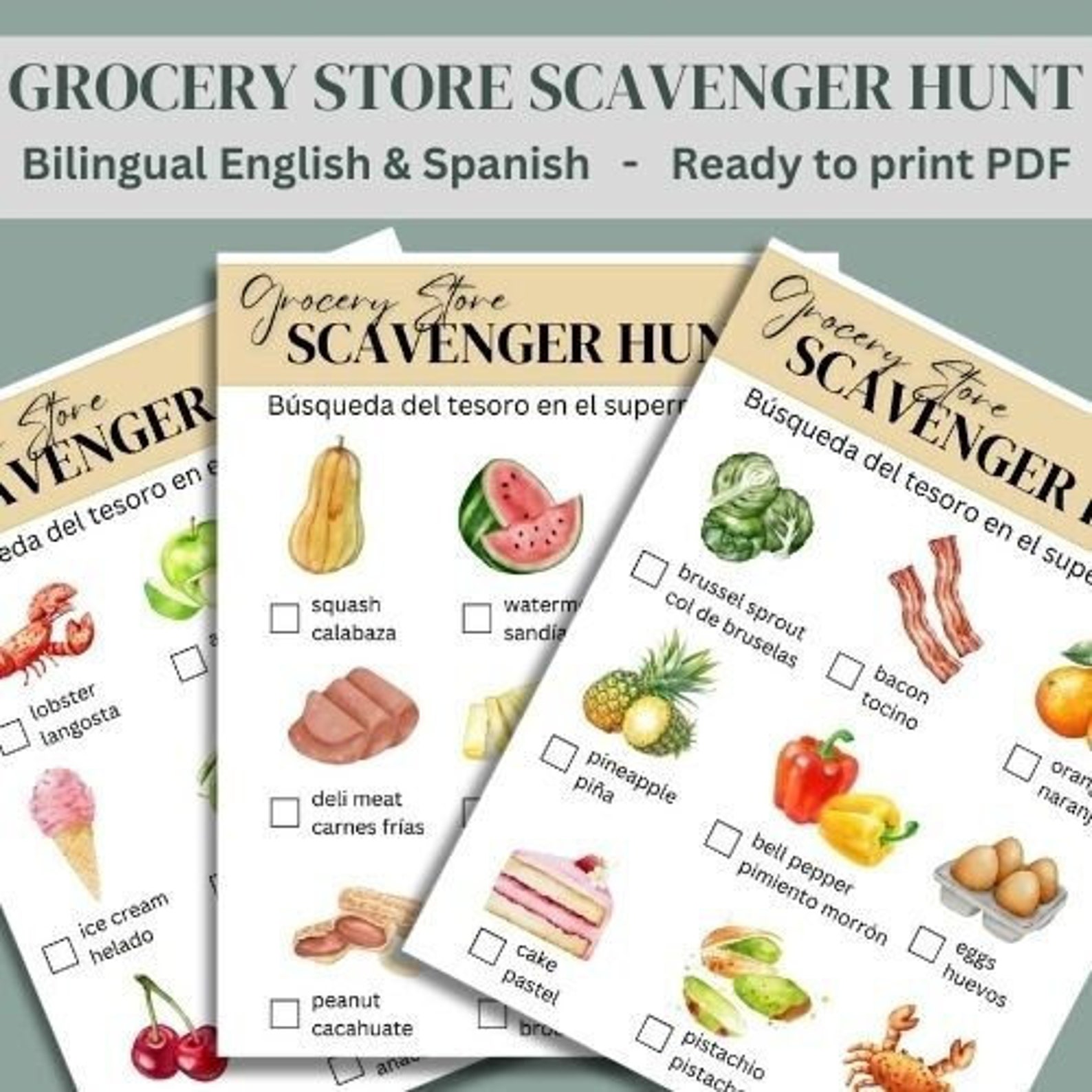 Bilingual Spanish and English Scavenger Hunt, Grocery Store for Kids ...
