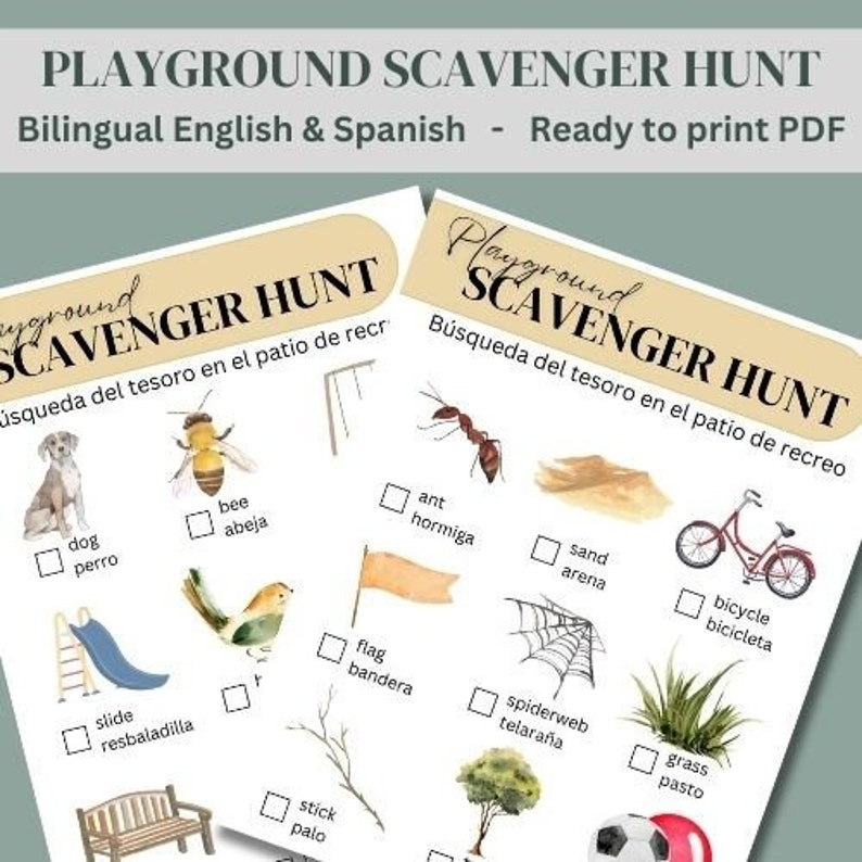 Bilingual Playground Scavenger Hunt: Spanish & English (PDF Printable ...