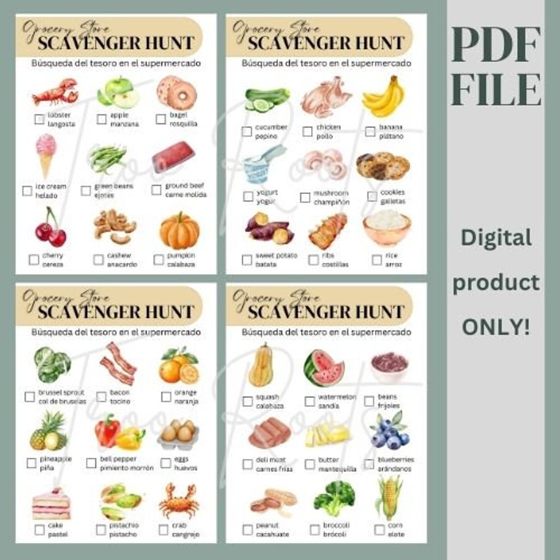 Bilingual Spanish and English Scavenger Hunt, Grocery Store for Kids ...