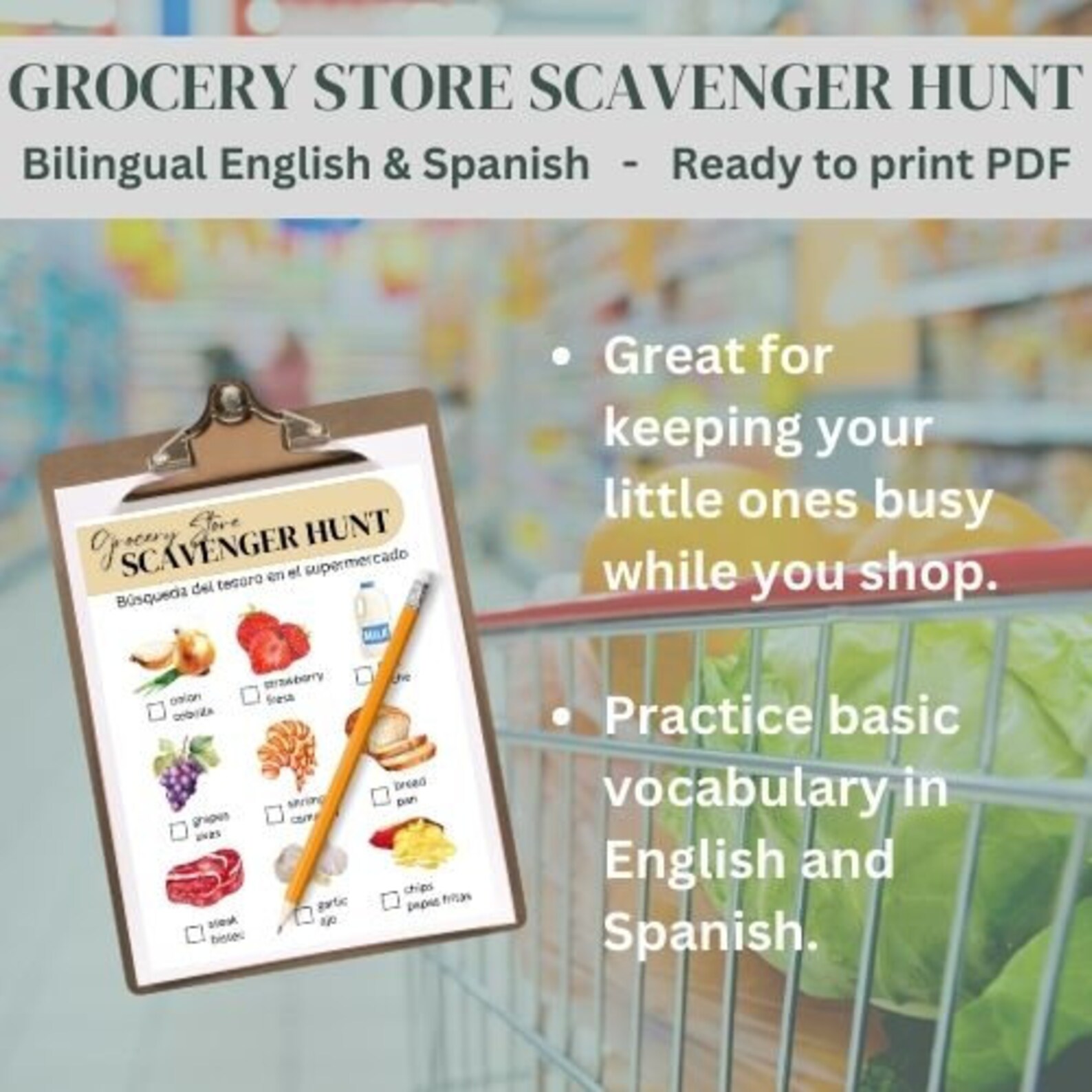 Bilingual Spanish and English Scavenger Hunt, Grocery Store for Kids ...