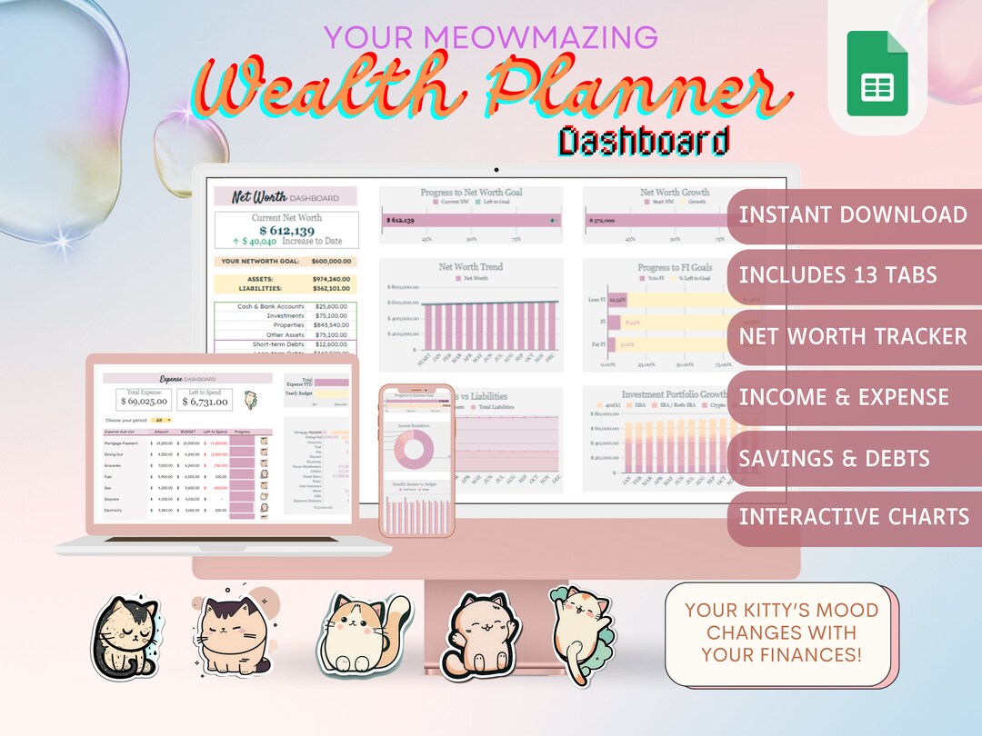 Interactive Wealth Planner Dashboard Cute Cat Kitty Financial Planner ...