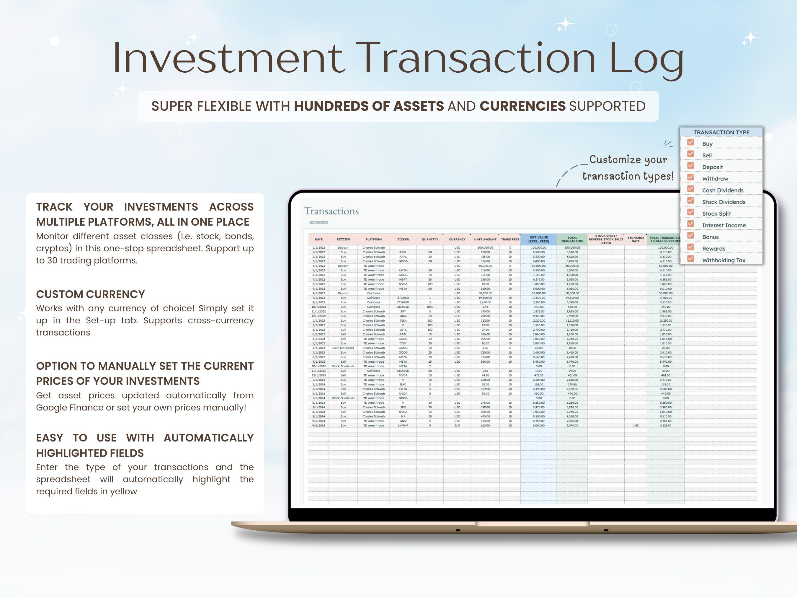 Stock Crypto Investment Tracker Spreadsheet Trading Journal Tracker ...