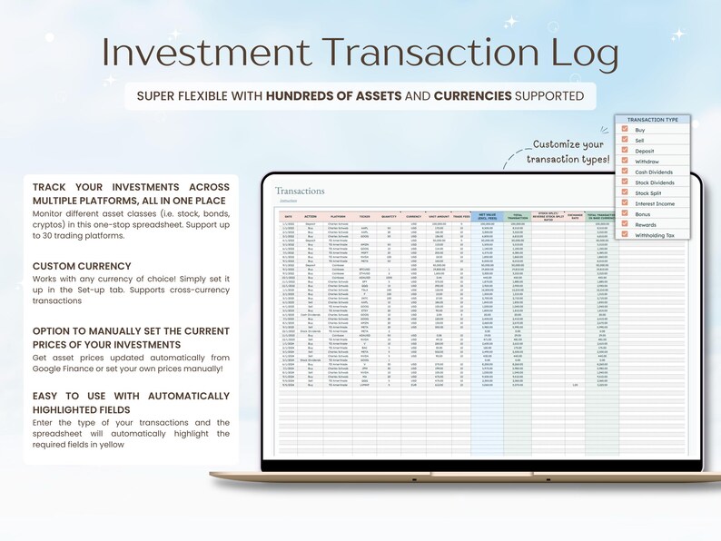 Stock Crypto Investment Tracker Spreadsheet Trading Journal Tracker Crypto Watchlist Personal ...