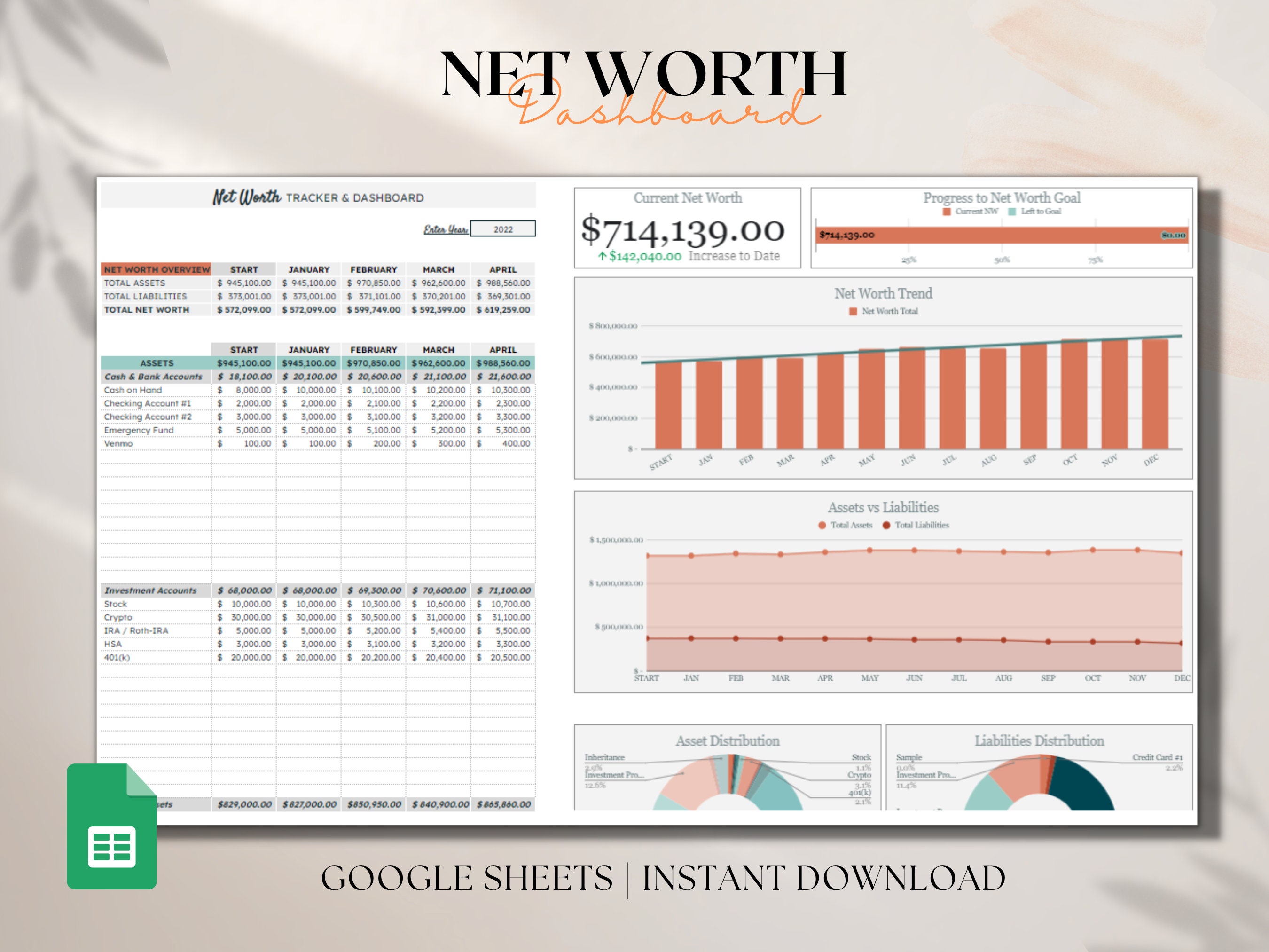 Net Worth Tracker Spreadsheet for Google Sheets, Net Worth Tracker ...