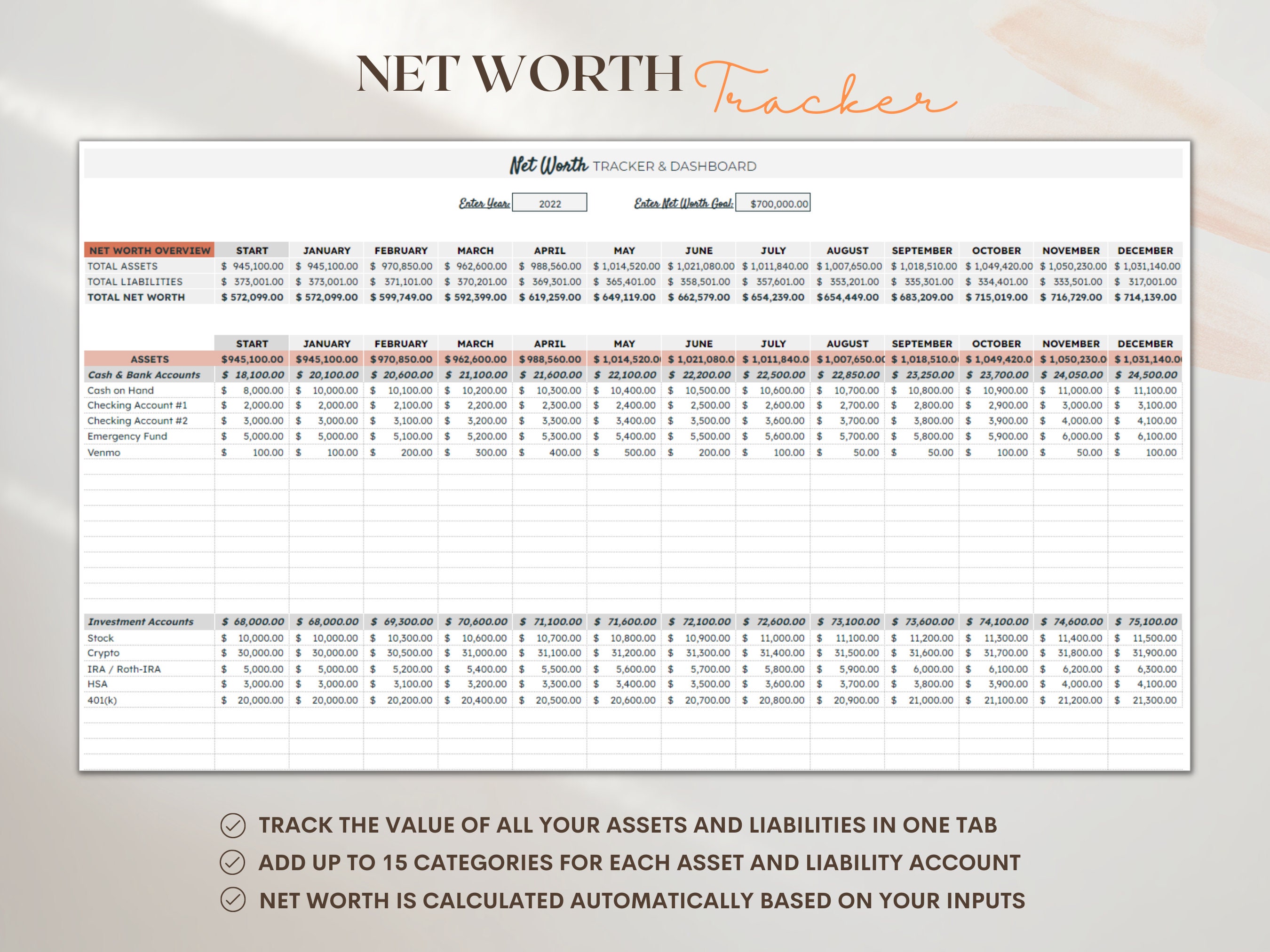 Net Worth Tracker Spreadsheet for Google Sheets, Net Worth Tracker ...