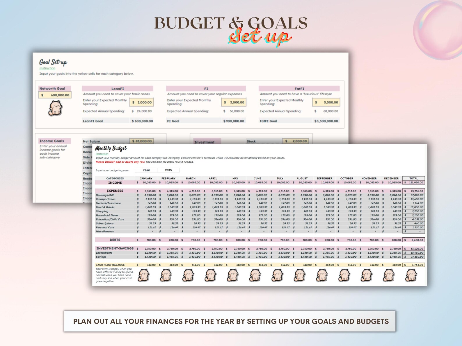 Interactive Wealth Planner Dashboard Cute Cat Kitty Financial Planner ...