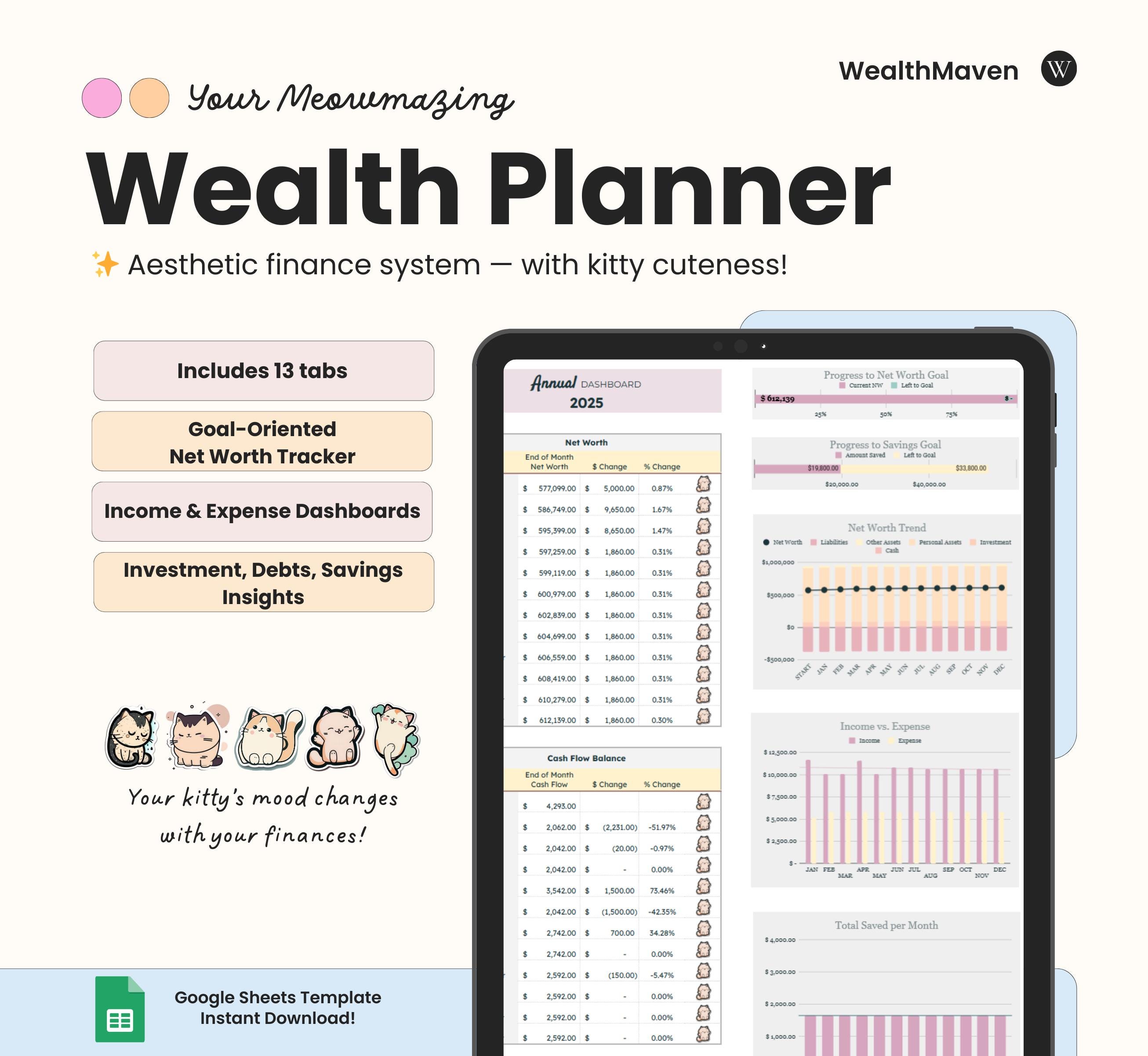 Interactive Wealth Planner Dashboard Cute Cat Kitty Financial Planner ...