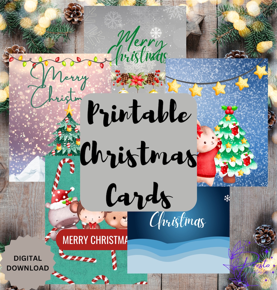 5 Piece Printable Christmas Cards, Digital Download Christmas Cards ...