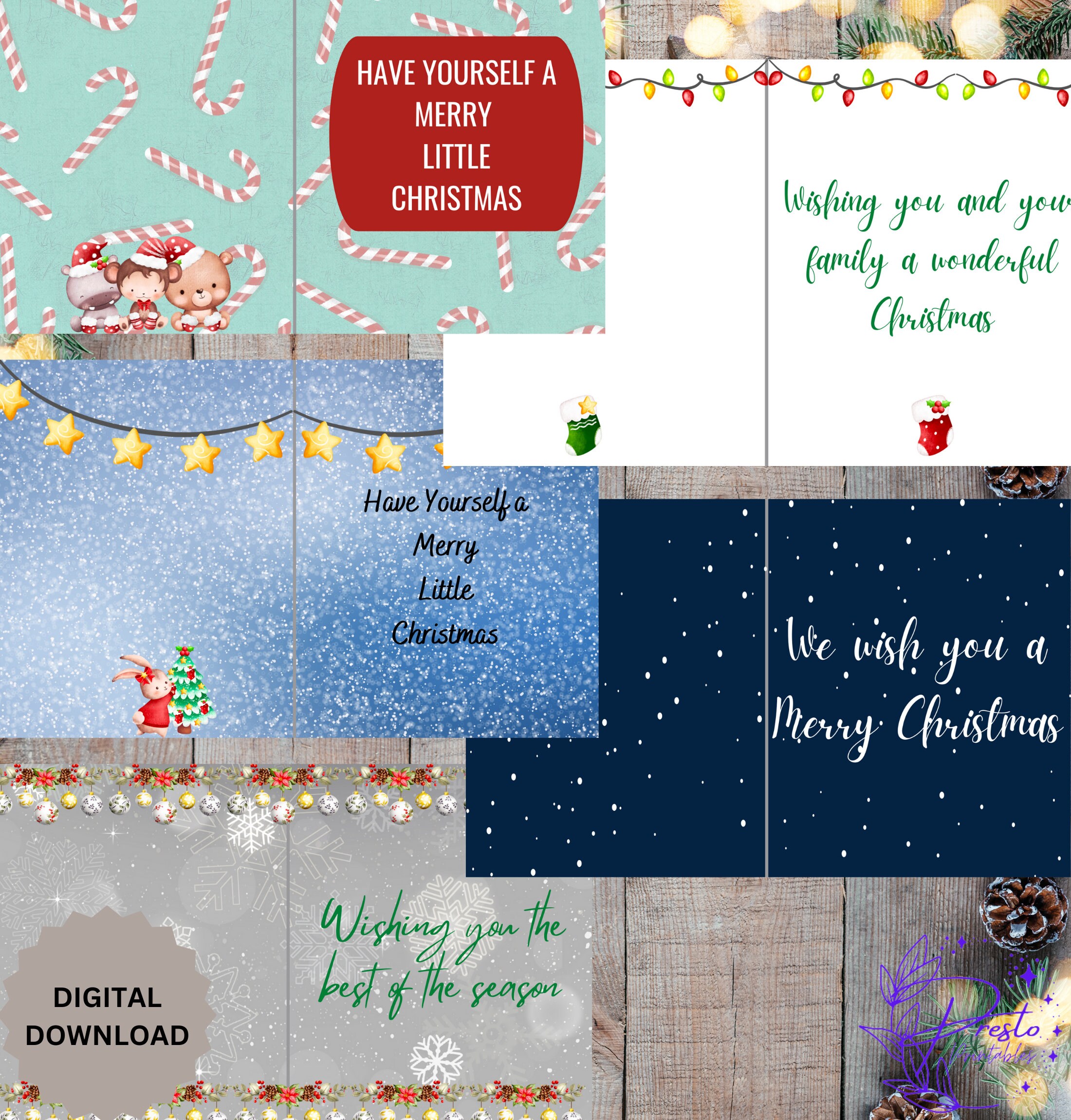 5 Piece Printable Christmas Cards, Digital Download Christmas Cards ...
