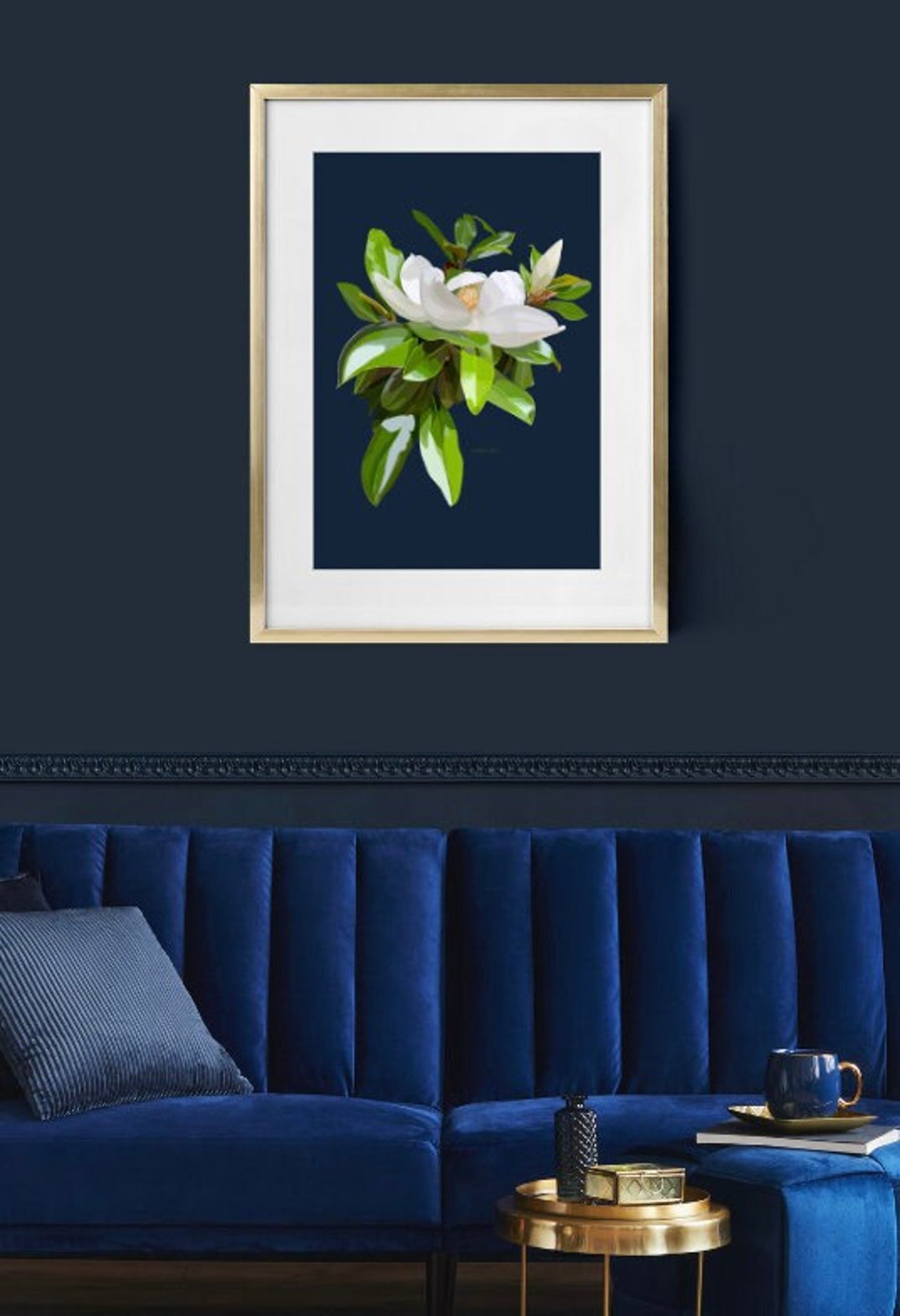Open Magnolia on Navy Print Magnolia Poster Magnolia Fine - Etsy