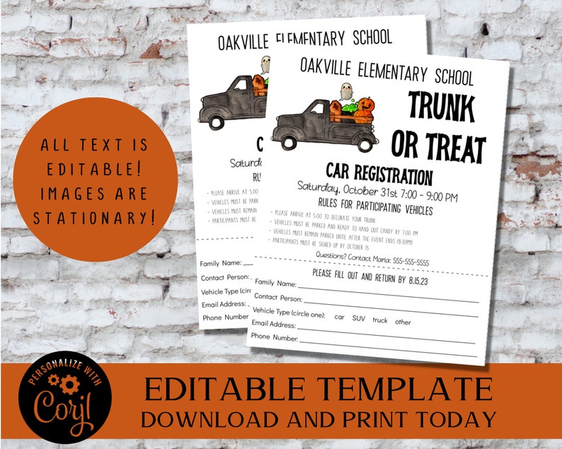 Trunk or Treat Car Registration Form, Trunk or Treat Flyer, Editable ...