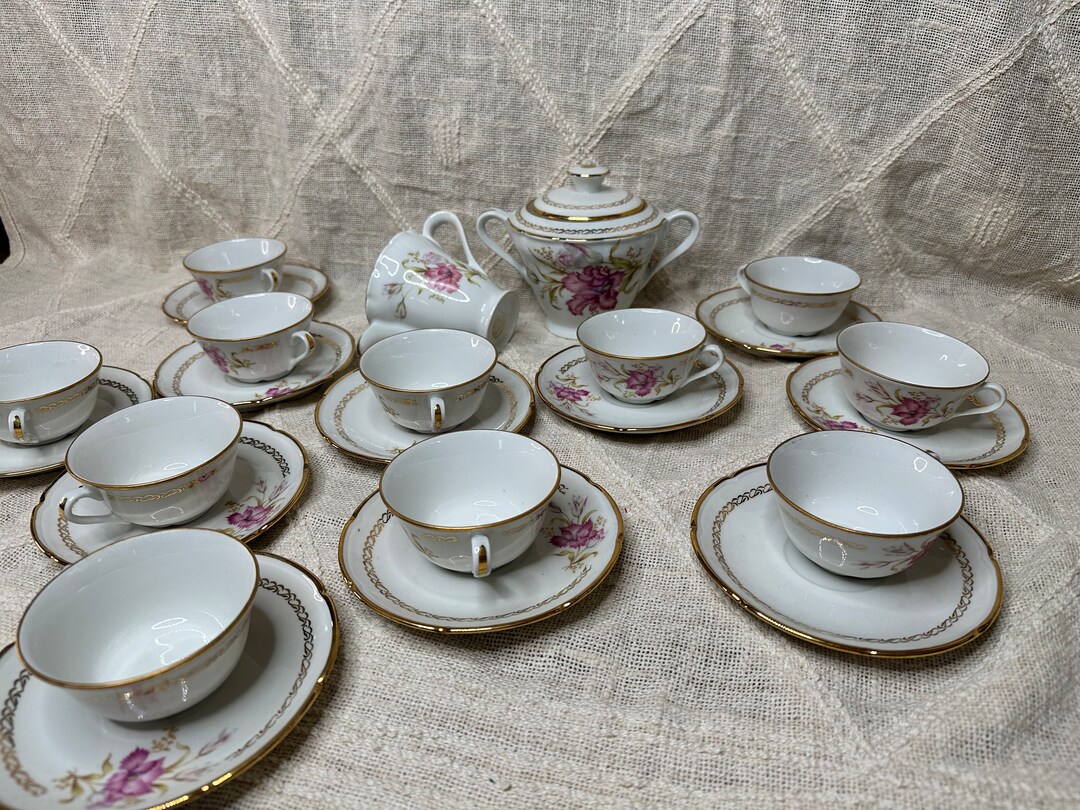 C.G. Pâtés Et Emaux De Limoges Porcelain Tea Set With Pink Flower and ...