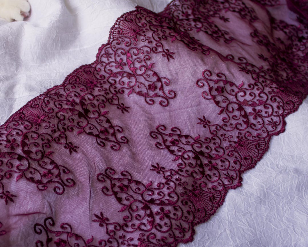 Burgundy Wine Stretch Lace Trim, Gothic Elastic Lingerie Lace Fabric ...