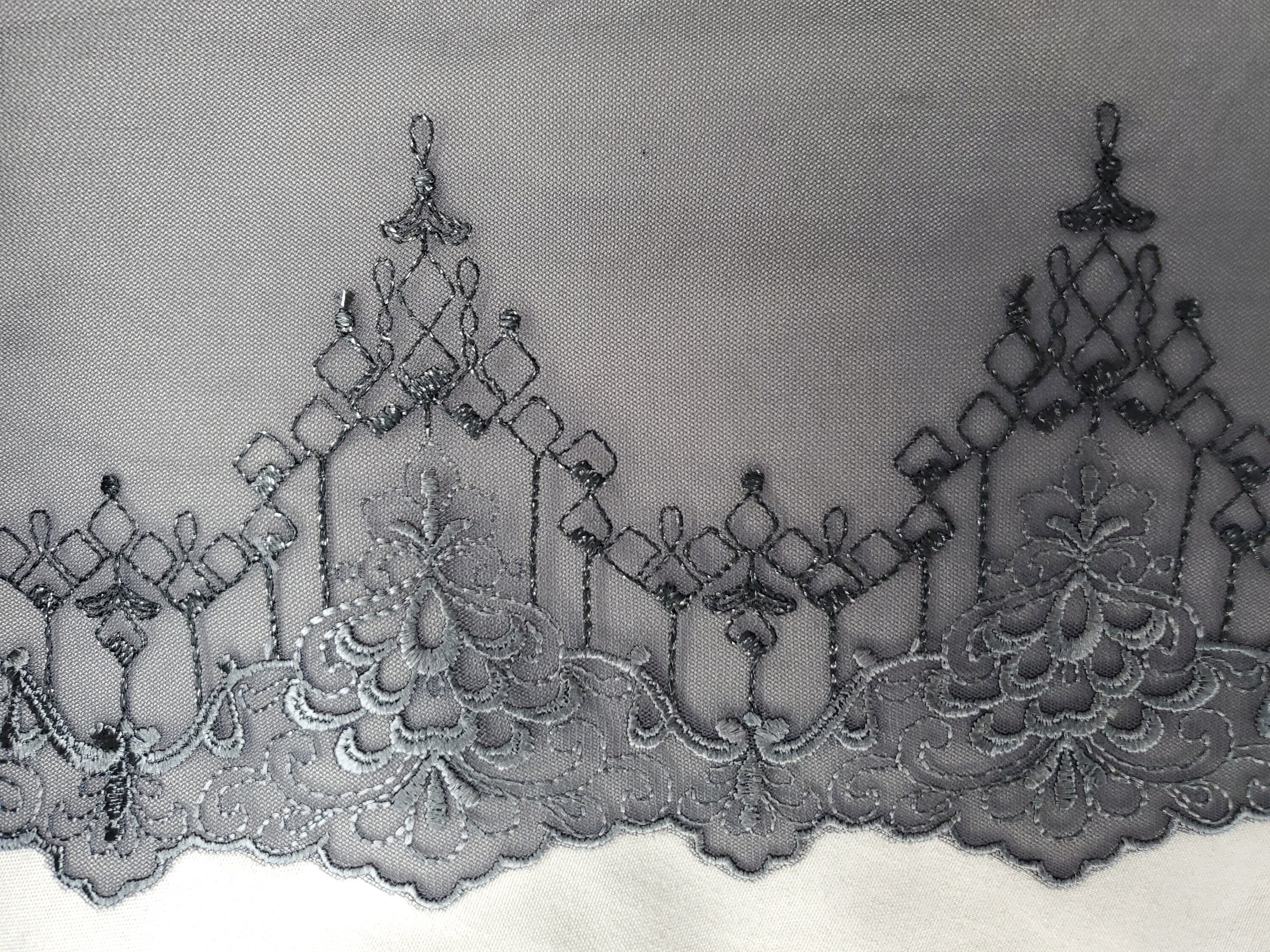 Gothic Dark Grey Lace Fabric, Black Leather Embroidered Lace Trim ...