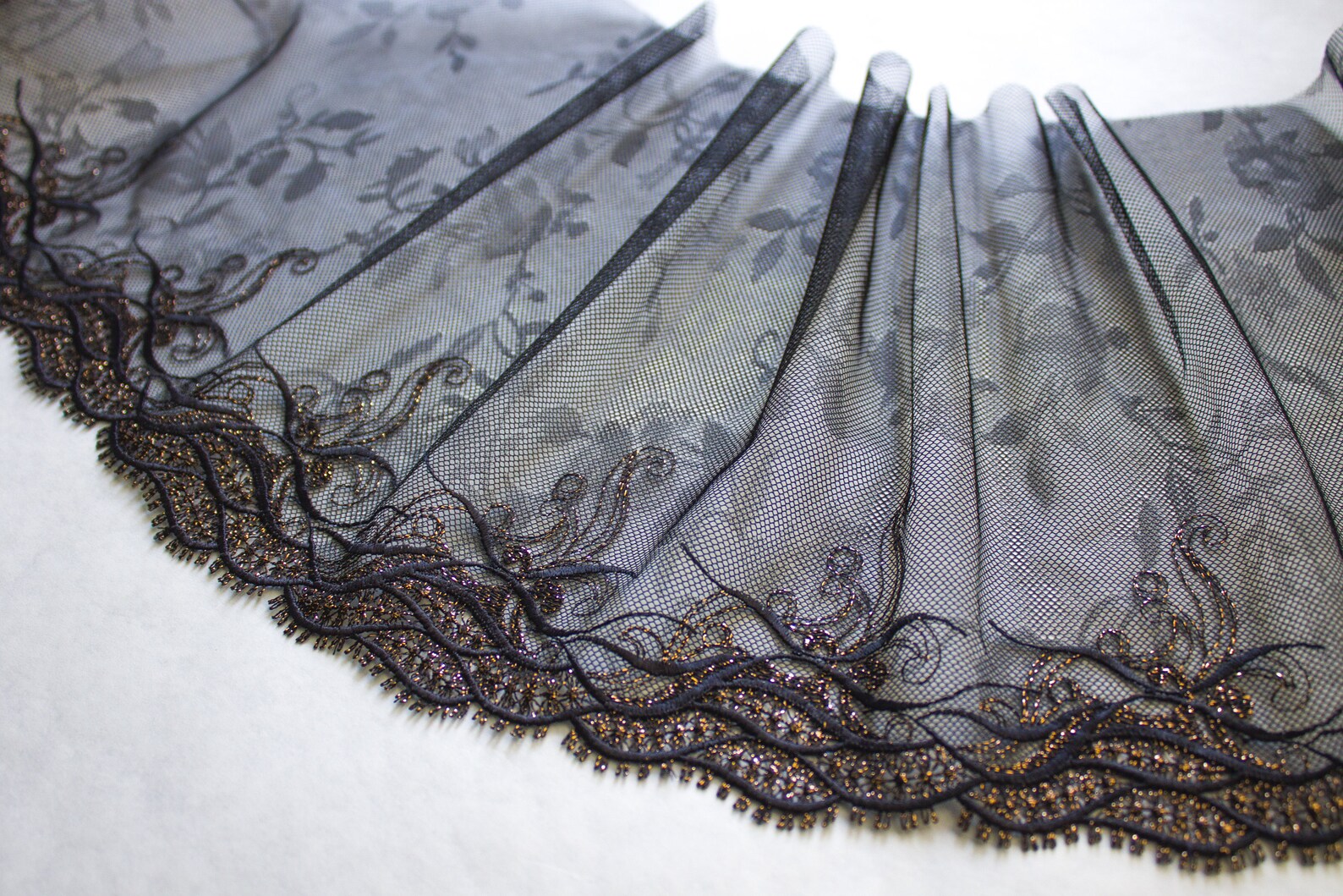 1 Yard Black Gold Lace Fabric, Black Embroidered Lace Trim, Lingerie ...