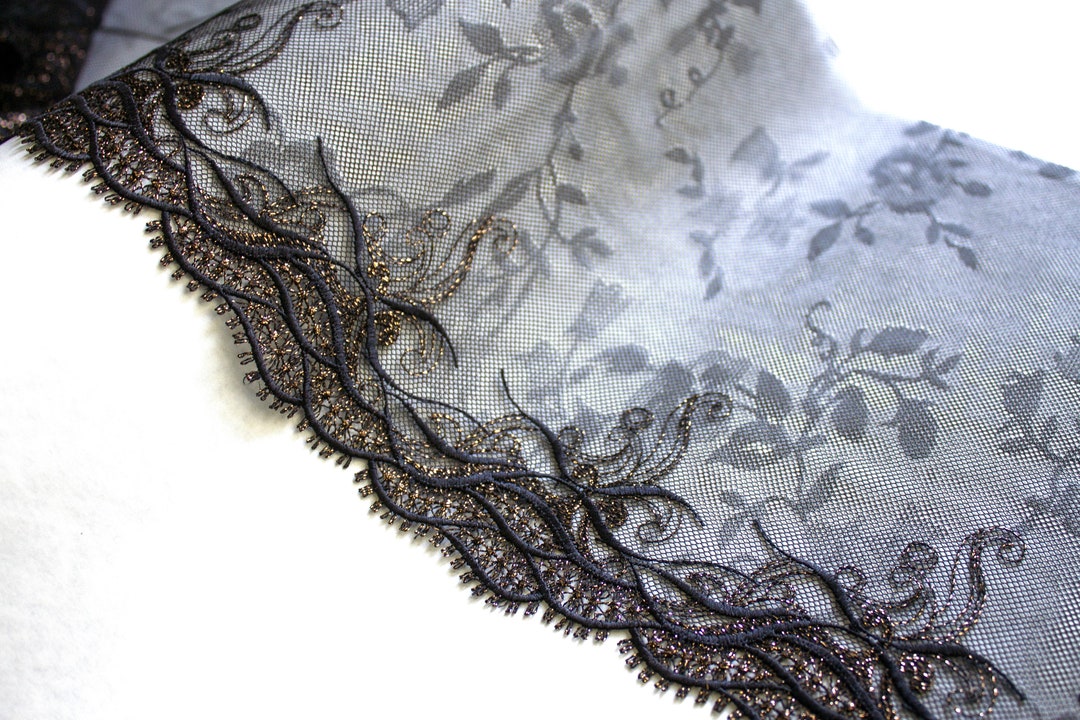 1 Yard Black Gold Lace Fabric, Black Embroidered Lace Trim, Lingerie ...