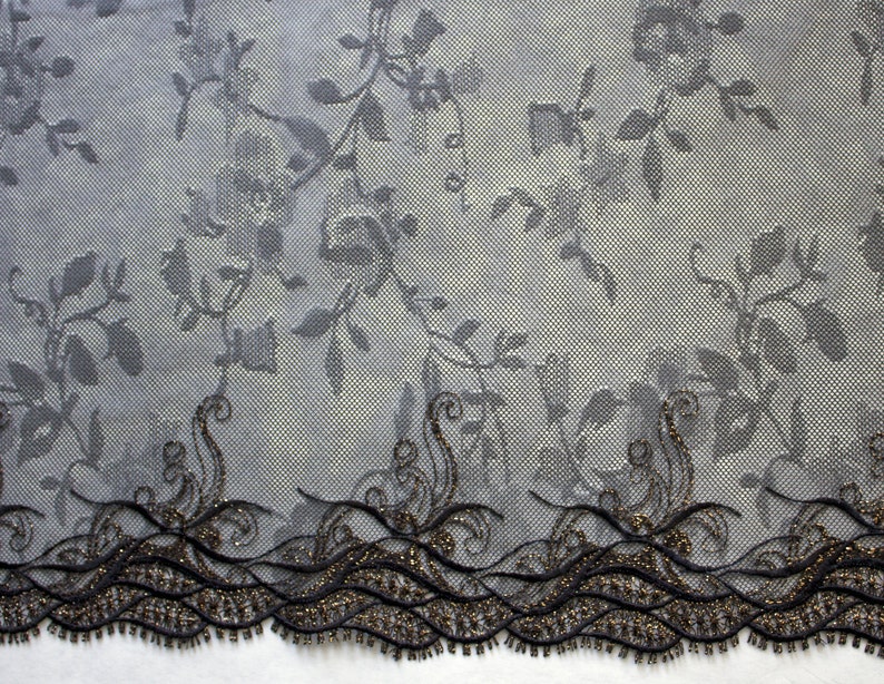 1 Yard Black Gold Lace Fabric, Black Embroidered Lace Trim, Lingerie ...
