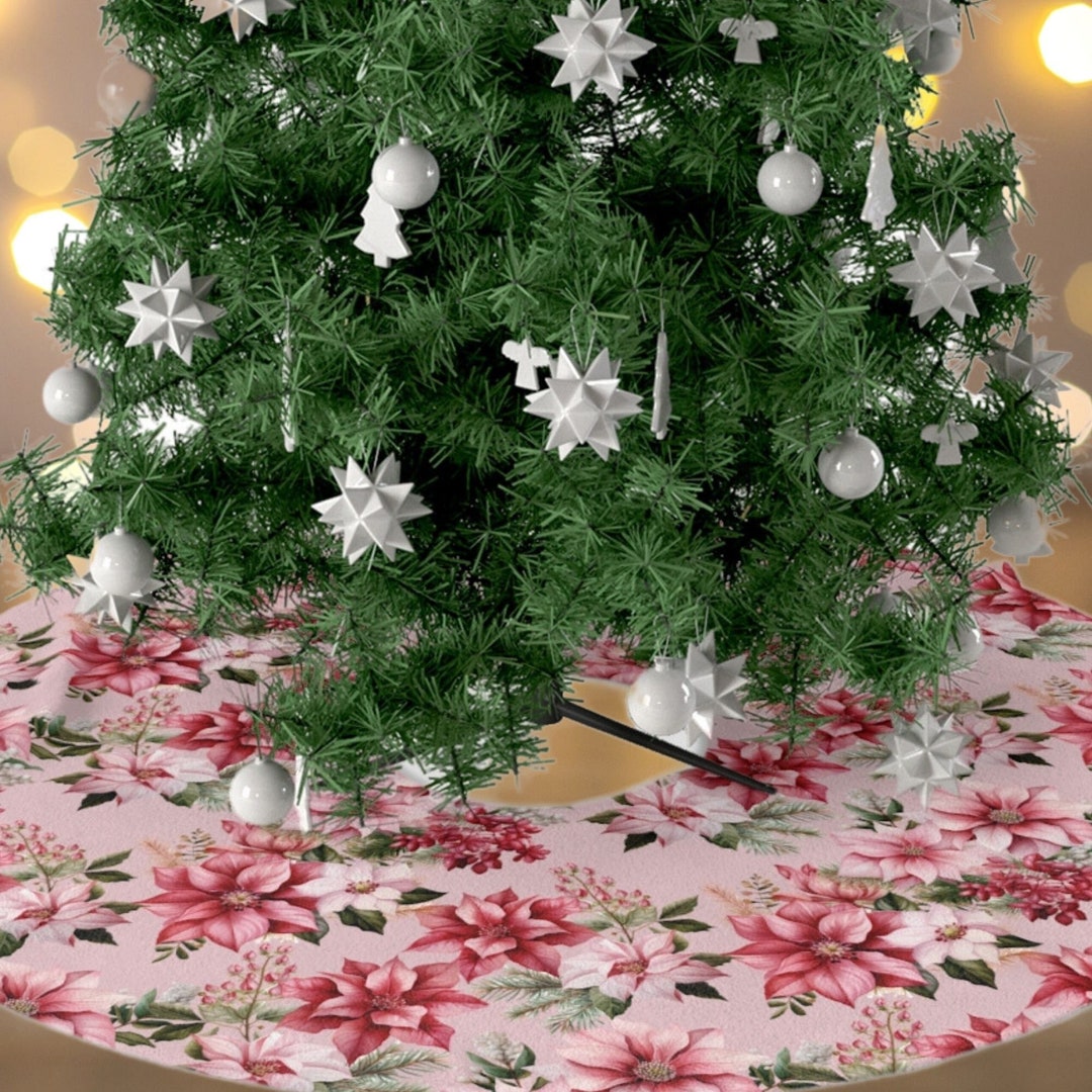 Pink Christmas Floral Theme Tree Skirt Pink Poinsettia Christmas Tree ...