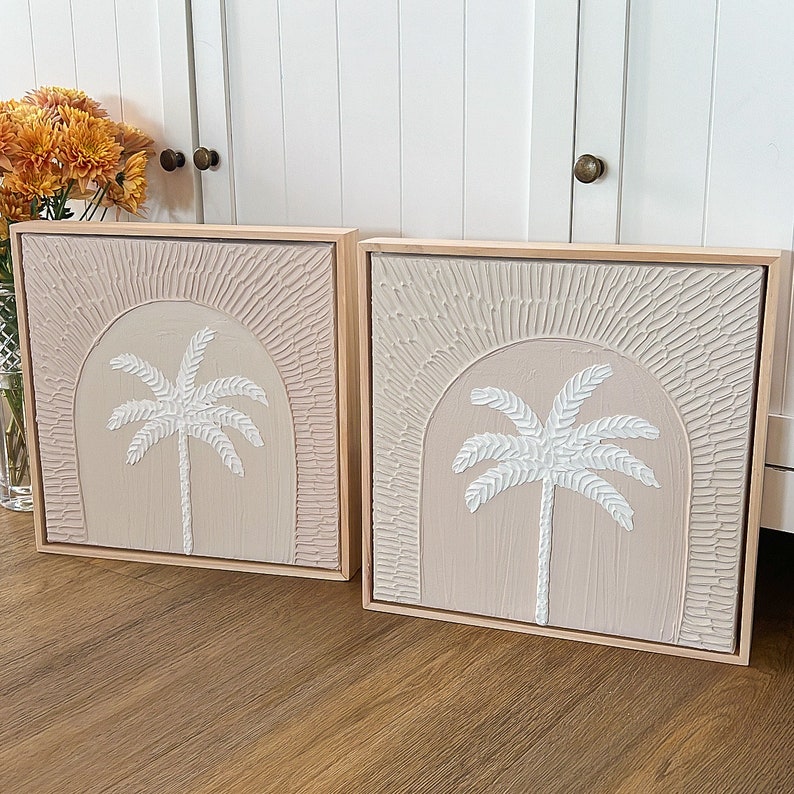 Textured Art Palm Tree Canvas Framed Painting Matching Set Boho Coastal ...
