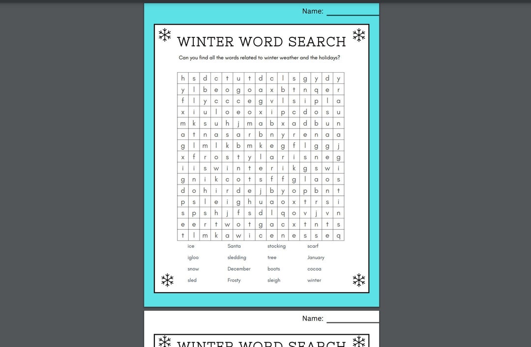 Winter Word Search With Answer Key - Etsy