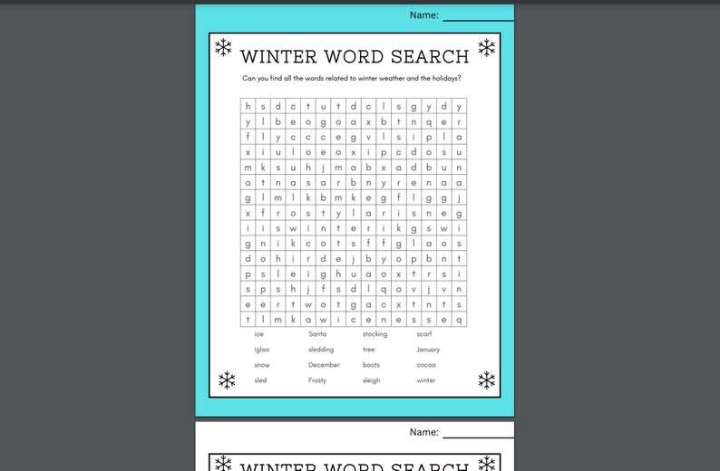 Winter Word Search With Answer Key - Etsy