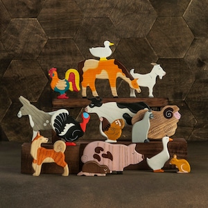 Wooden Farm Set (19 Pcs) Pretend Play Small World Play Set Toy Farmyard ...