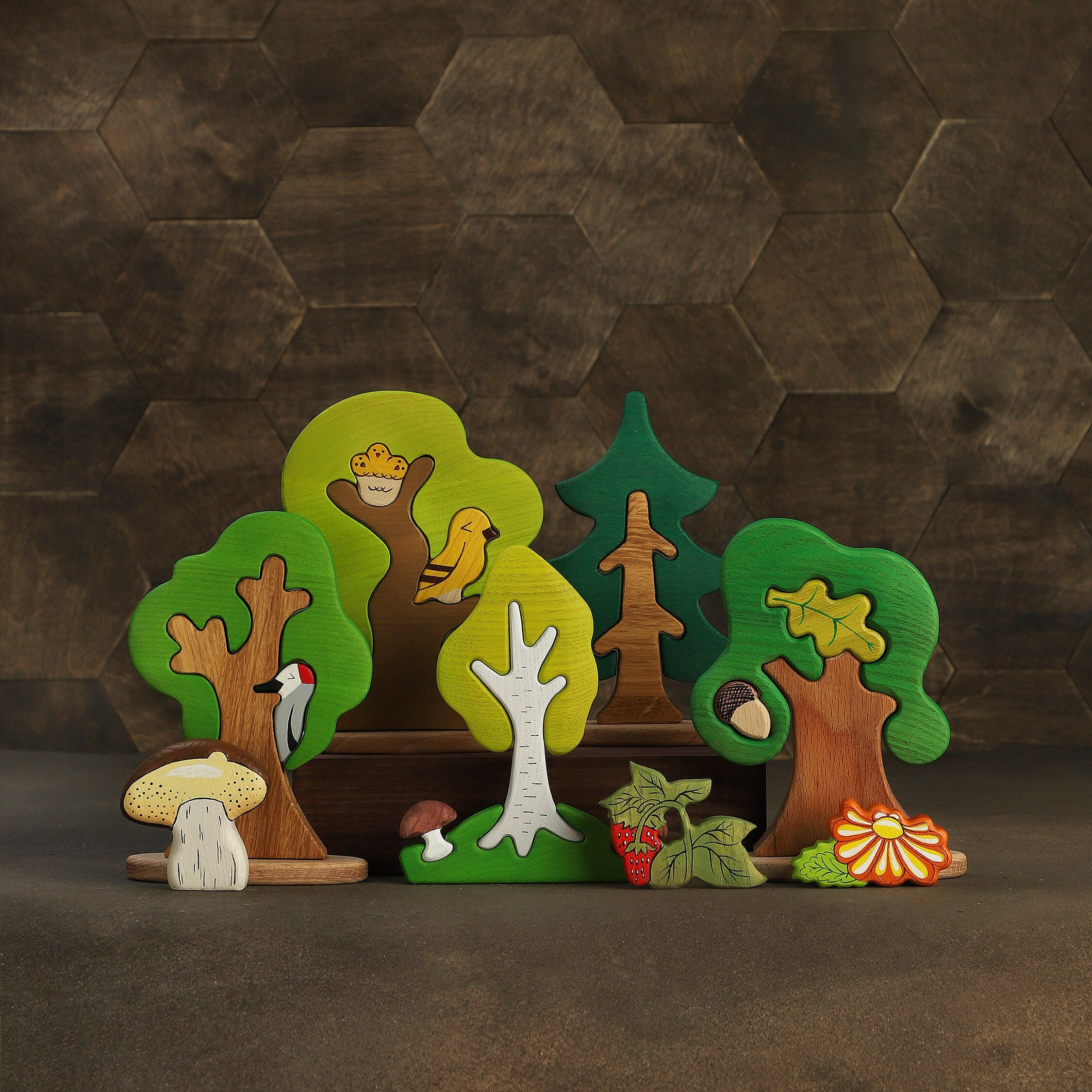 Wooden Tree Puzzle Set: Waldorf Toys, Small World Play (5pcs) - Etsy