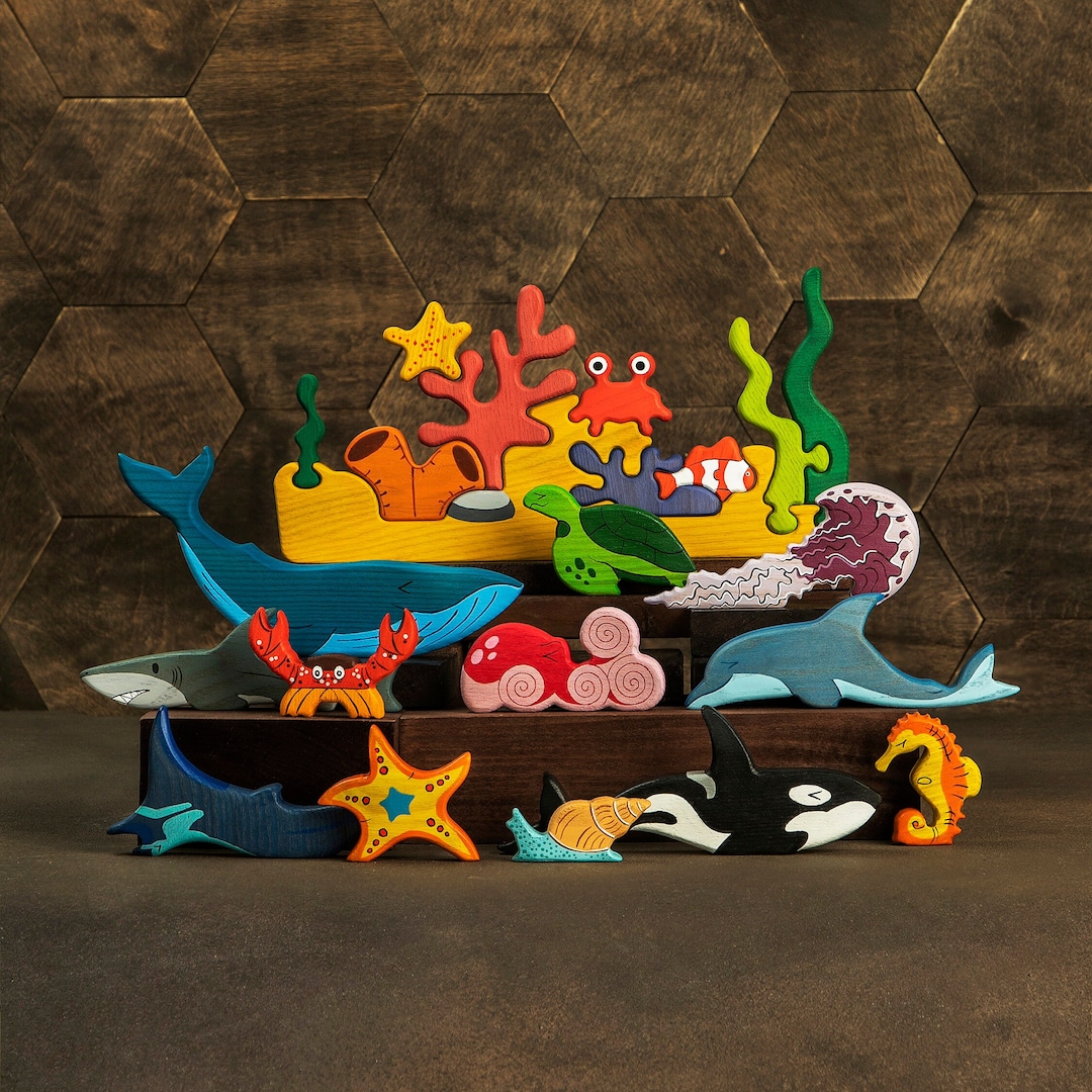 Wooden Sea Animals Set (13 Pcs) - Ideal Gift for Toddler Sea Lover ...