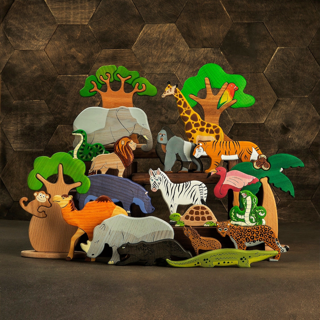 Big Wooden Safari Toy Set (21pcs) African Animals Toys Nature Table ...
