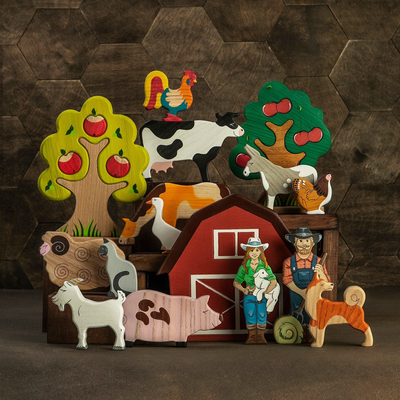 Wooden Farm Small World Play Set 16pcs Toy Farmyard Animals - Etsy