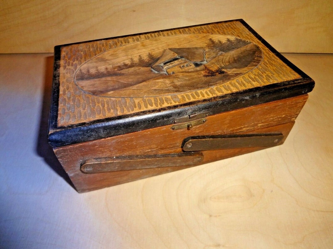 Very Old Small Wooden Box / Sewing Box With a Black Forest - Etsy
