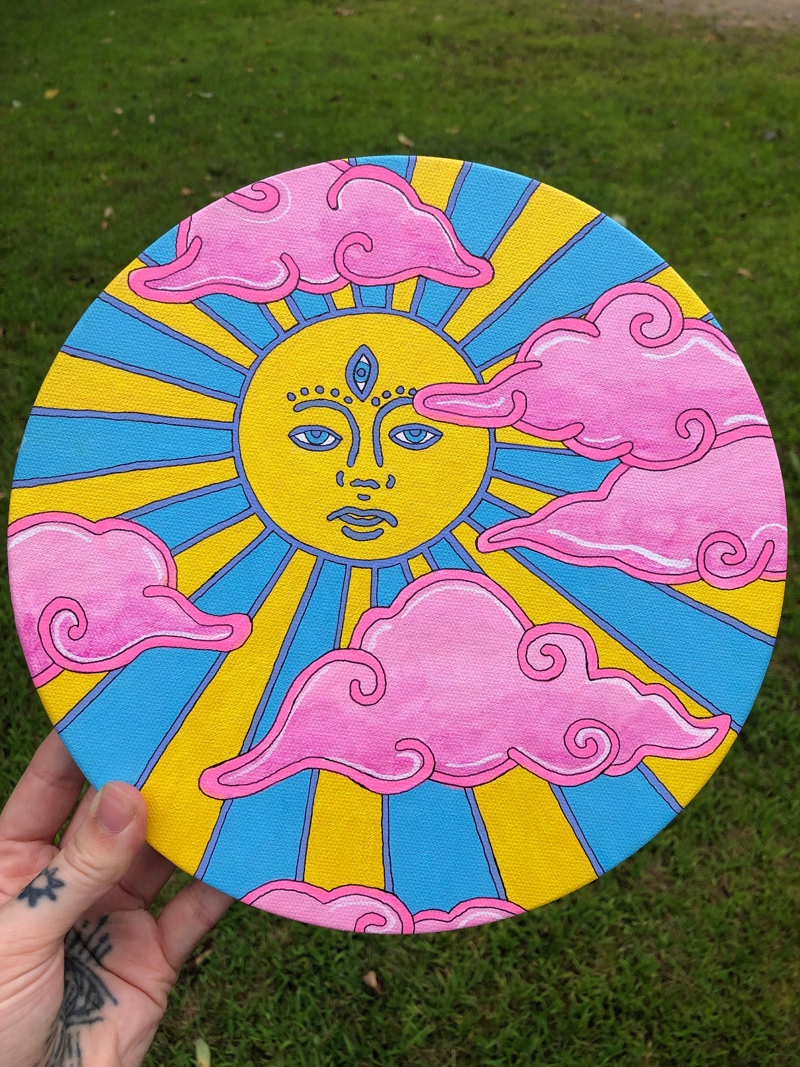Bright Sun Painting Acrylic Canvas Painting Cloudy Day 10 Inch Circle ...