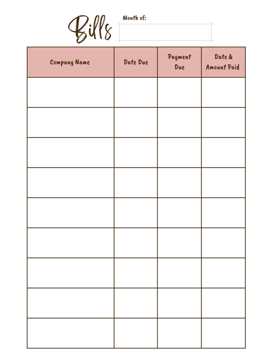 Pink and Brown Feminine Simple Monthly Bills Tracker List - Etsy