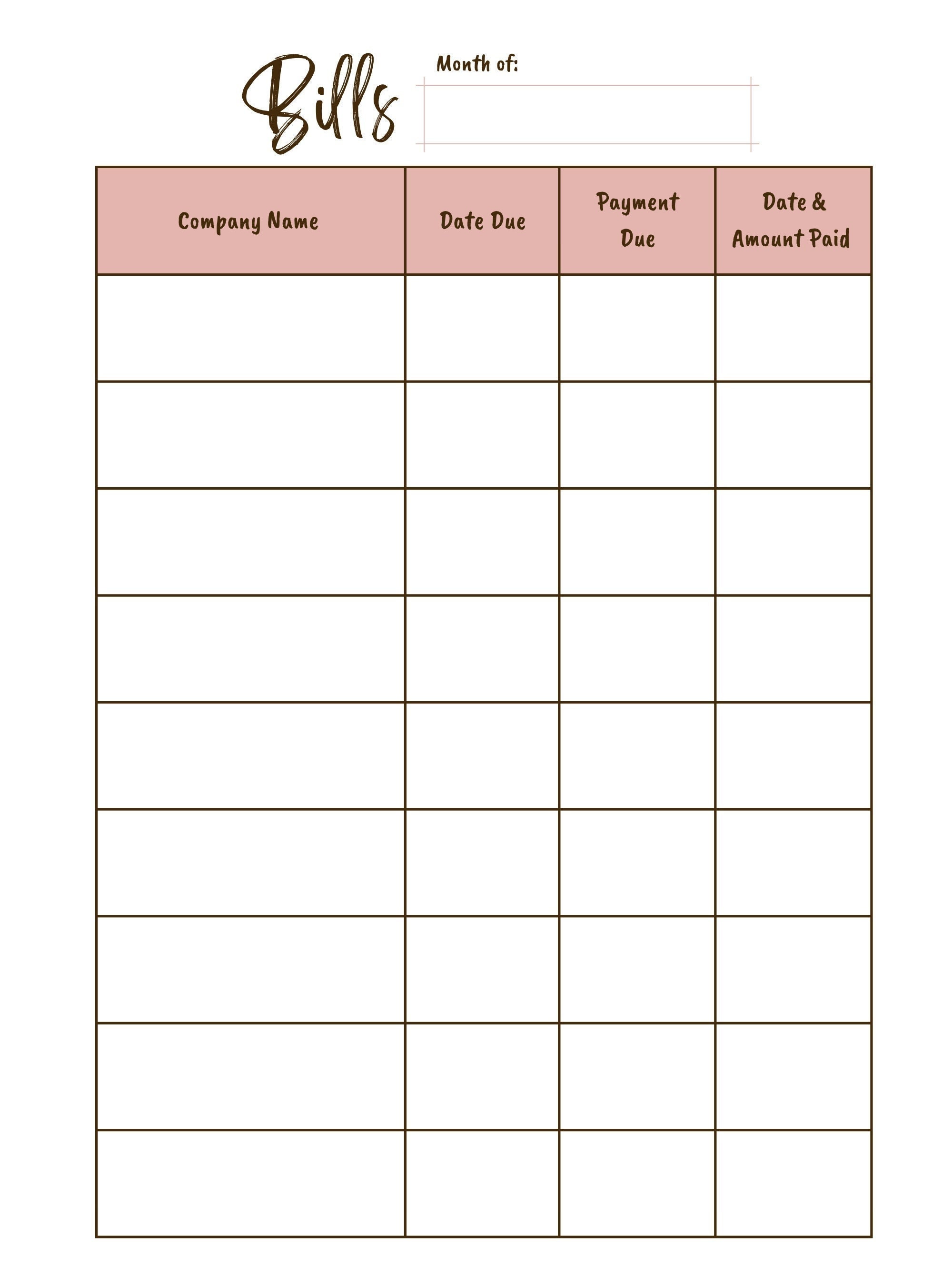 Pink and Brown Feminine Simple Monthly Bills Tracker List - Etsy