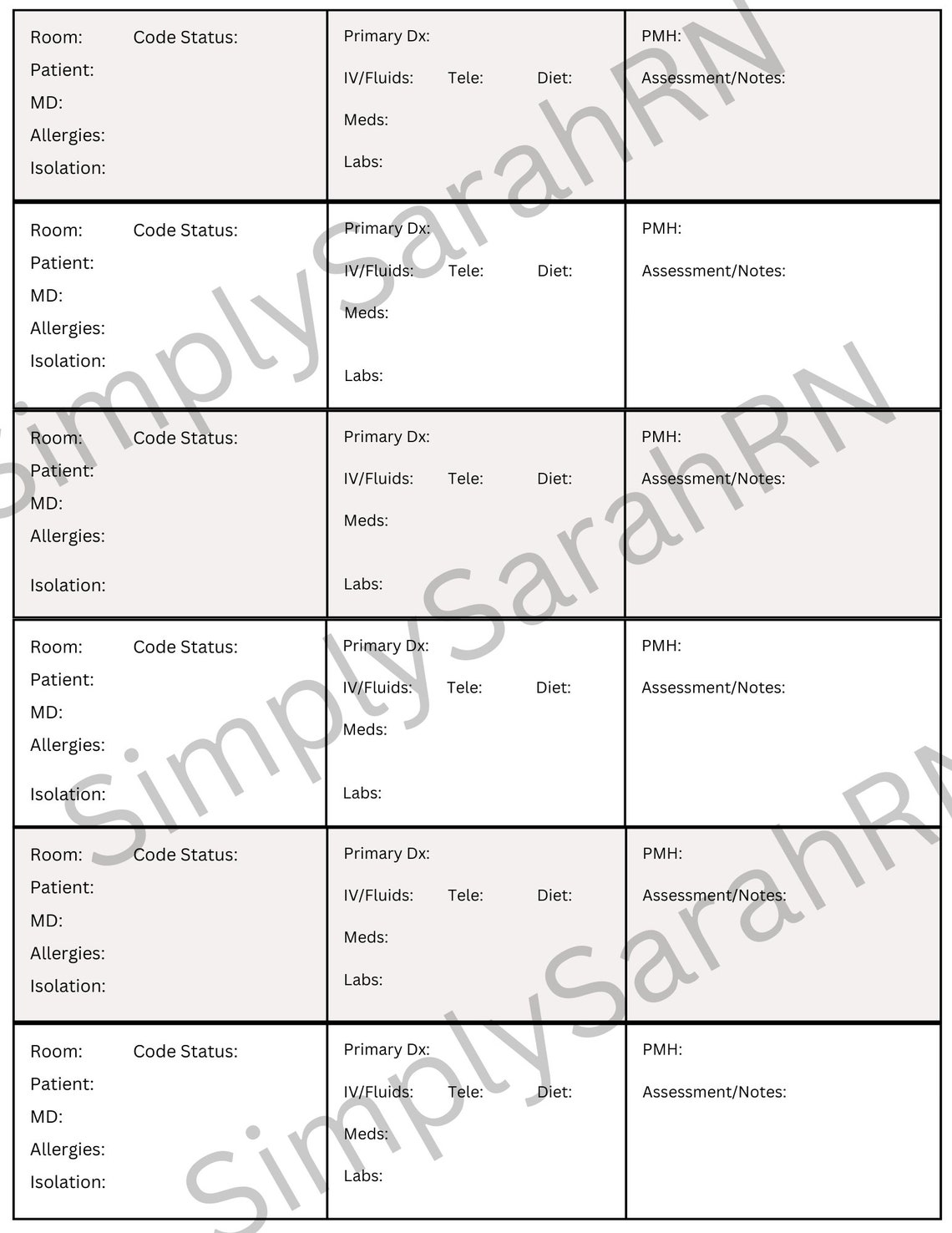 Nurse Report Sheet- 6 Patient - Etsy