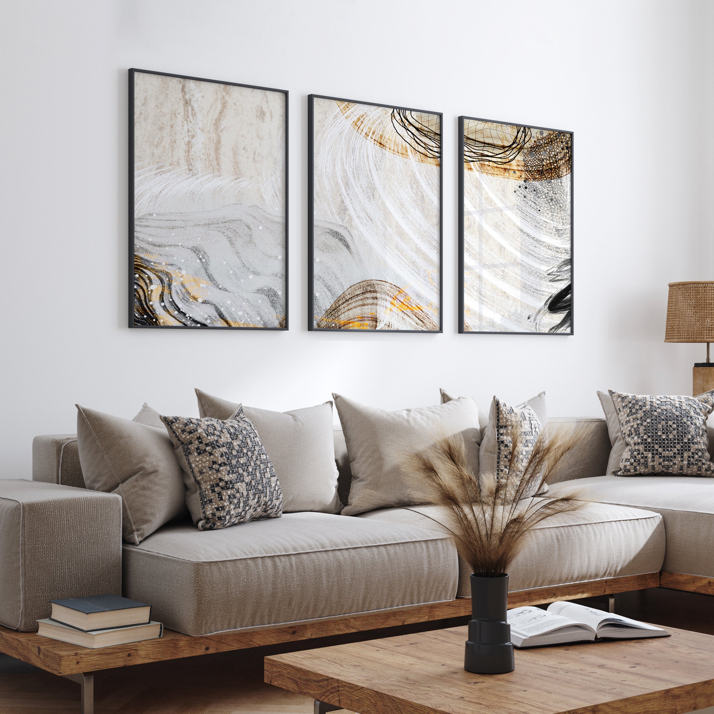 3 Piece Art Prints, Abstract Poster Set, Bedroom Wall Art, Beige White ...