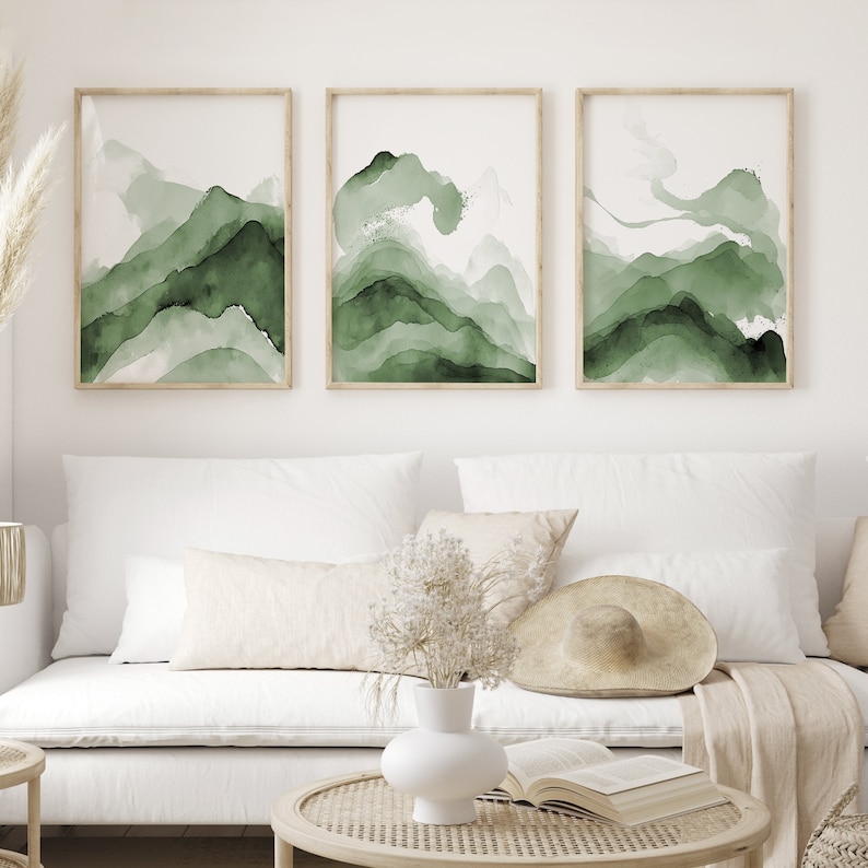 Green Wall Art Set of 3 Prints Abstract Green Painting Wall - Etsy
