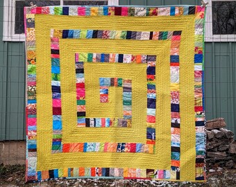 Green Pieced Patchwork Spiral Quilt, Upcycled Scrap Blanket, Colorful ...