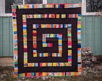 Green Pieced Patchwork Spiral Quilt, Upcycled Scrap Blanket, Colorful ...