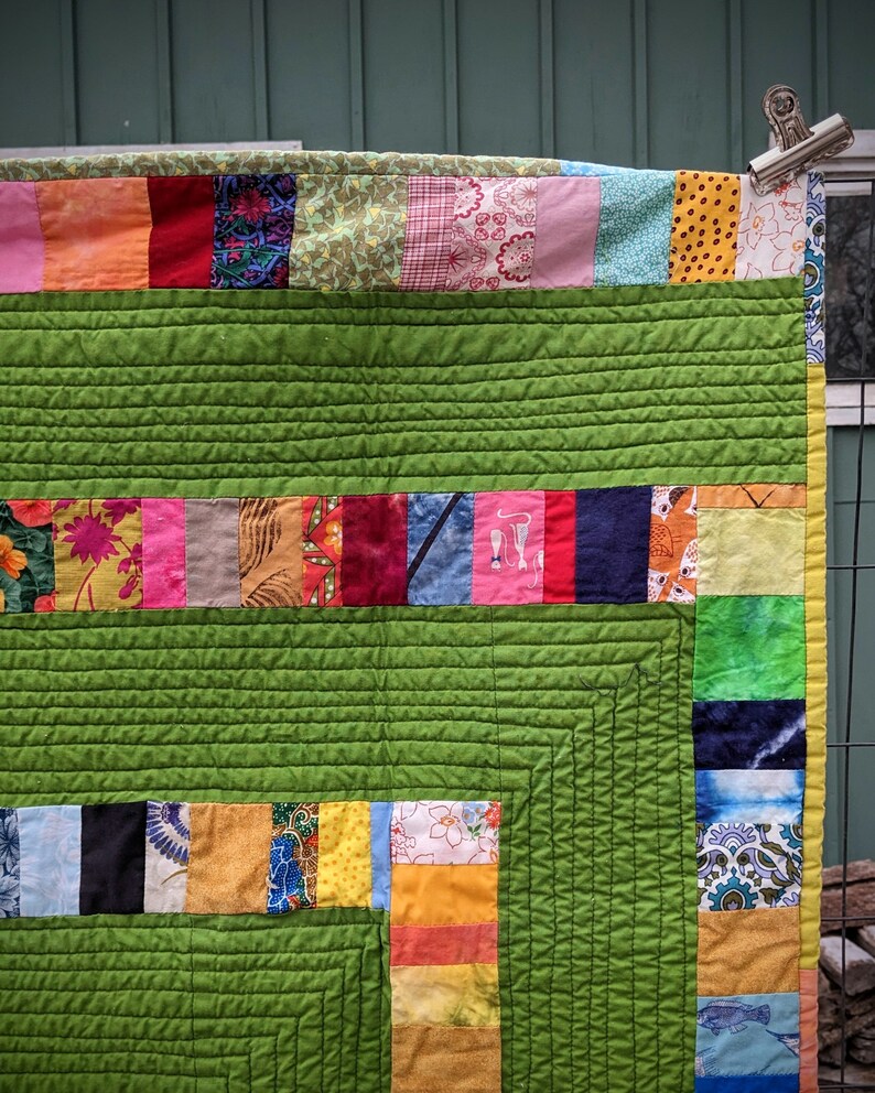 Green Pieced Patchwork Spiral Quilt, Upcycled Scrap Blanket, Colorful ...