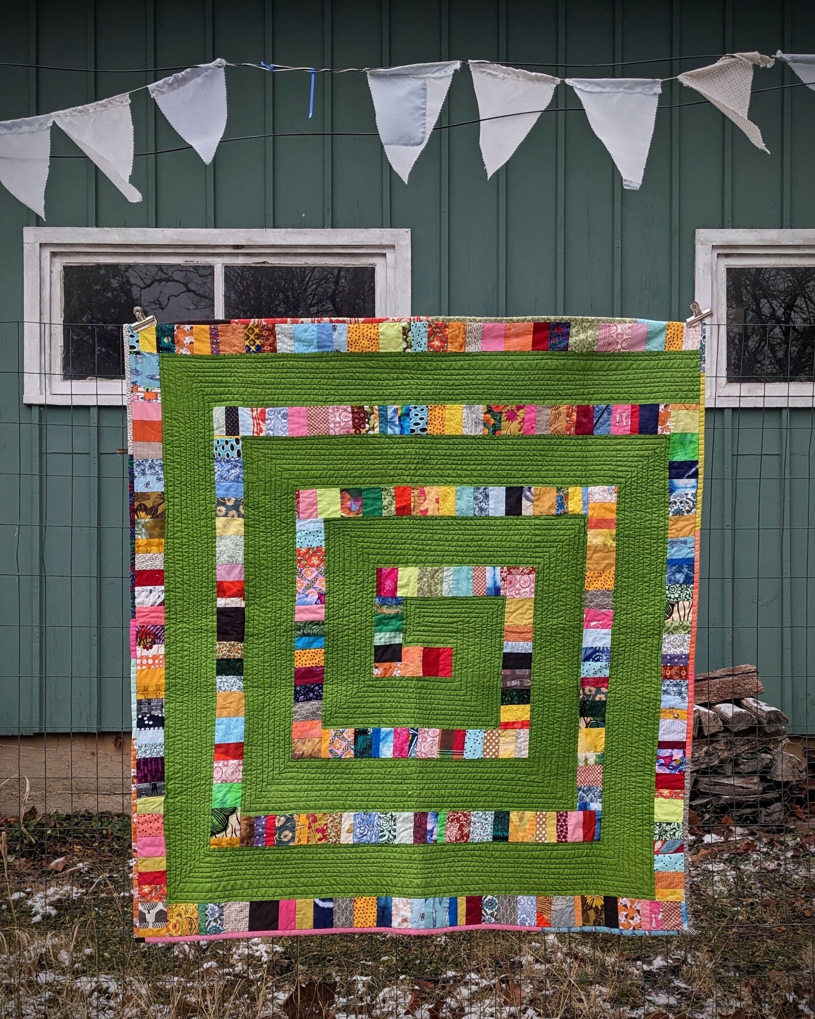 Green Pieced Patchwork Spiral Quilt, Upcycled Scrap Blanket, Colorful ...