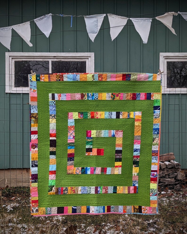 Green Pieced Patchwork Spiral Quilt, Upcycled Scrap Blanket, Colorful ...