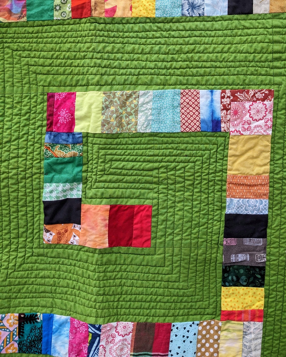 Green Pieced Patchwork Spiral Quilt, Upcycled Scrap Blanket, Colorful ...