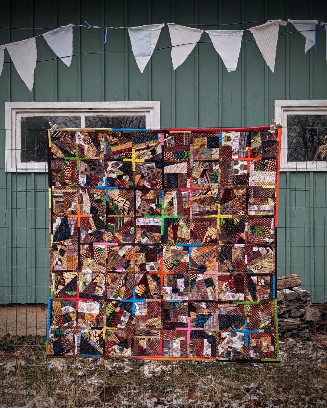 Crazy Quilt Throw, Pieced Patchwork Quilt, Upcycled Scrap Blanket, Handmade Brown Bedspread ...