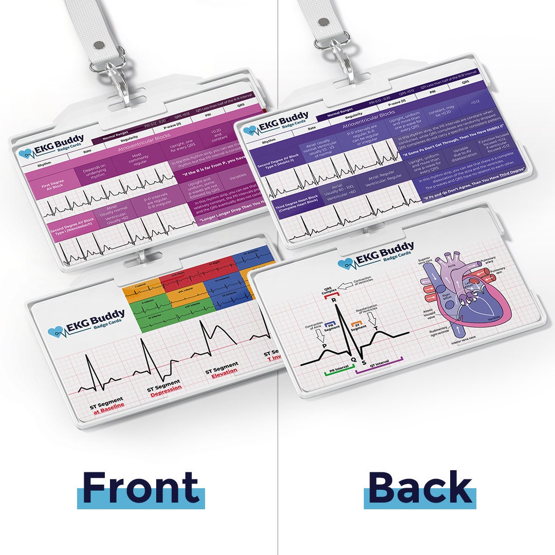 EKG Buddy Badge 4 Card Set Doubled Sided ECG Interpretation Guide for ACLS Medical Cardiac ...