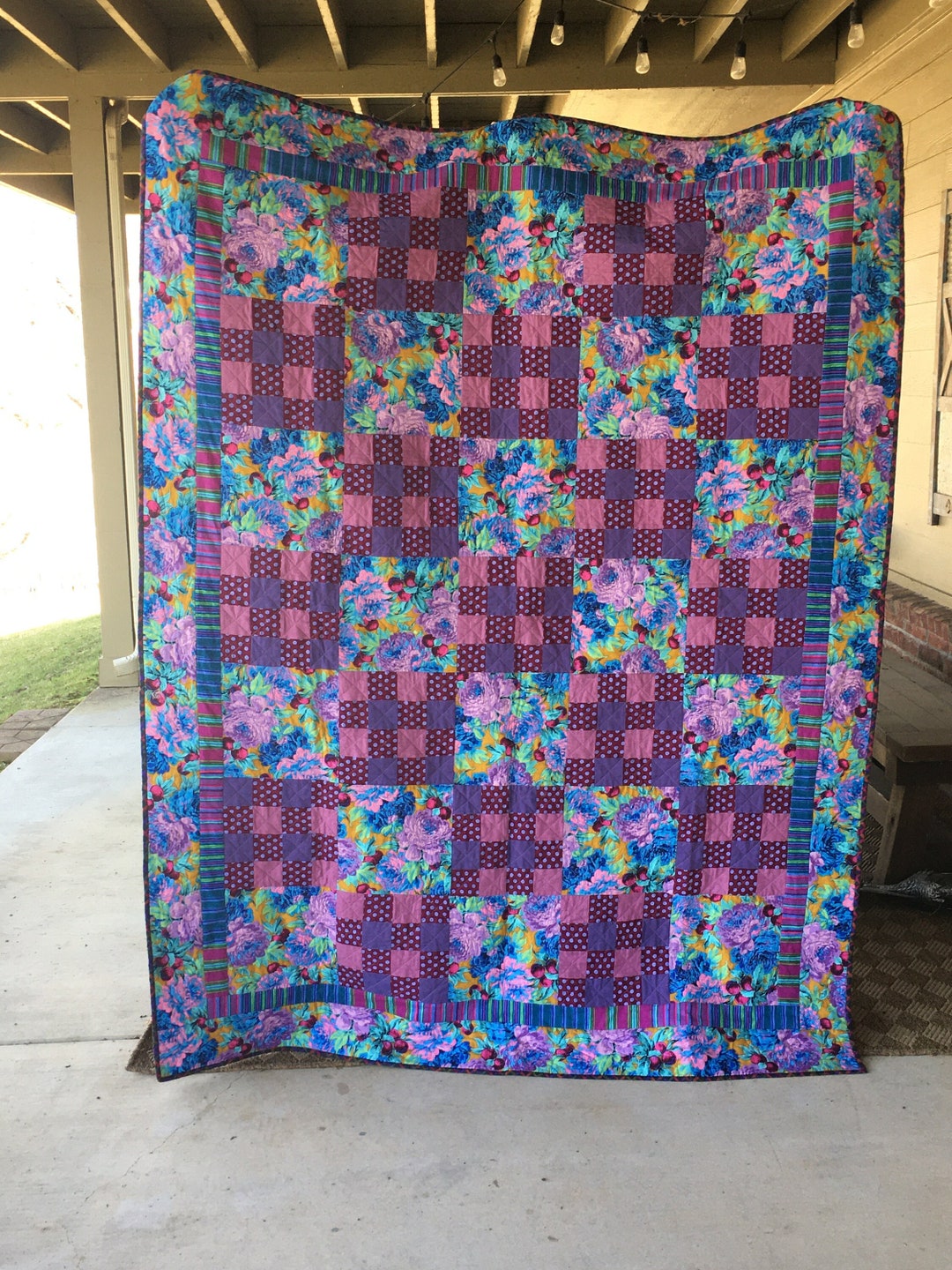 Floral Polka Dot Lap Quilt: Maroon Lavender Patchwork Blanket - Etsy