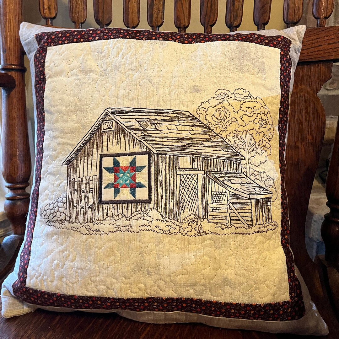 Decorative, Machine Embroidered, Pillow of a Barn Scene on a Cream ...