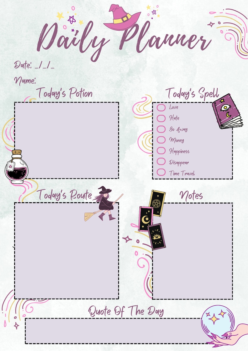 Witchy Daily Planner, Cute Printable , Wiccan Stationary, Colorful ...