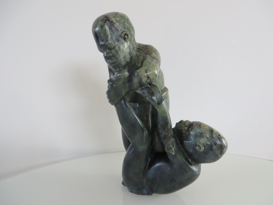 Verdite Stone “african Jade” Stone Sculpture of Two African Wrestlers ...