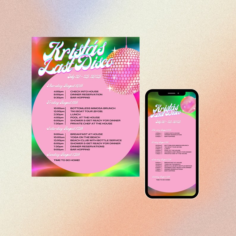 Disco Travel Party Itinerary Template | Instant Download - Etsy